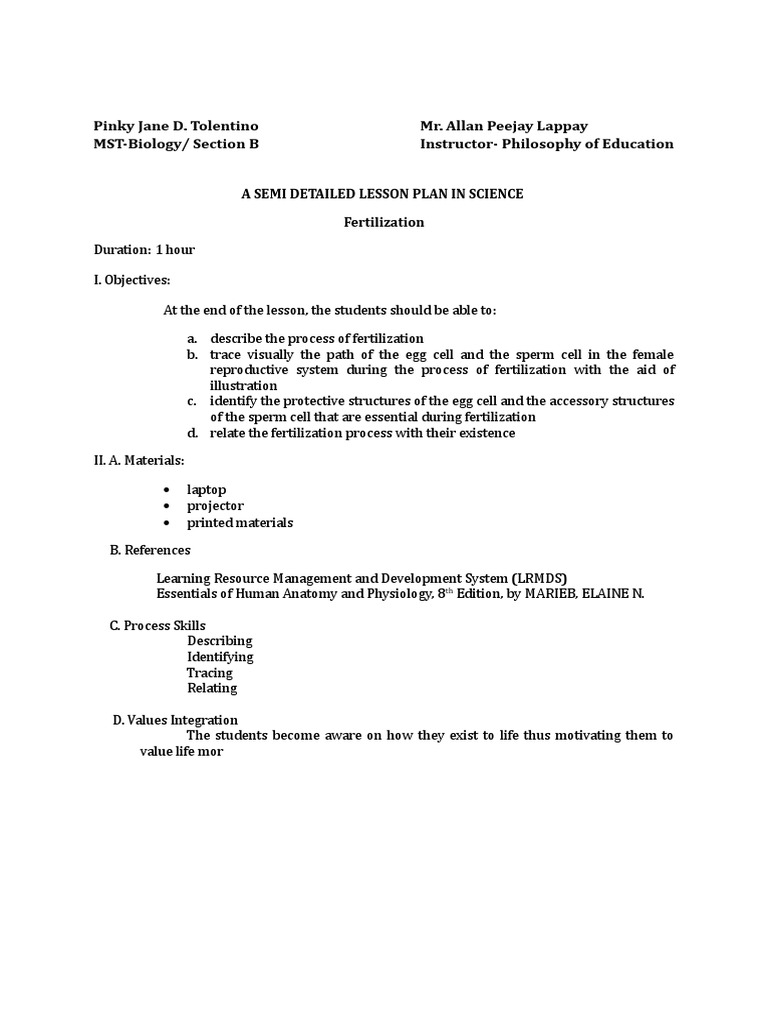 LESSON PLAn Fertilization | PDF | Fertilisation | Sperm