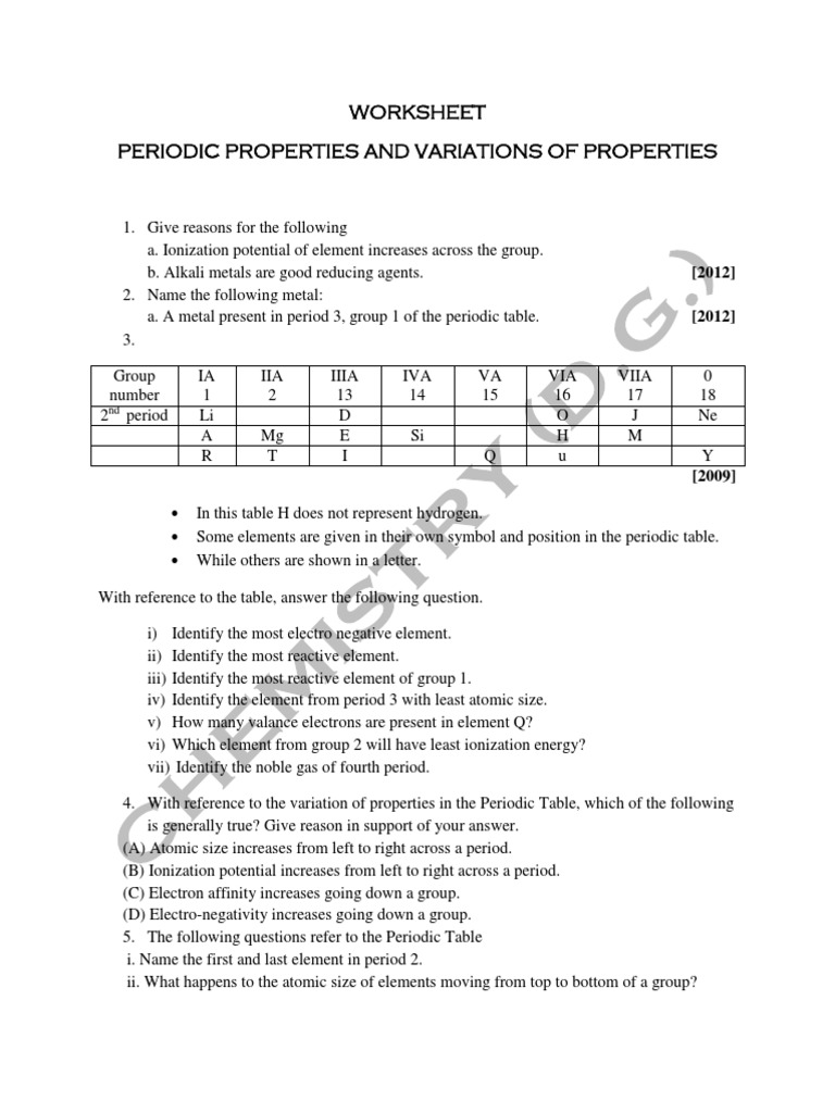 Worksheet Periodic Properties and Variations of Properties | PDF ...
