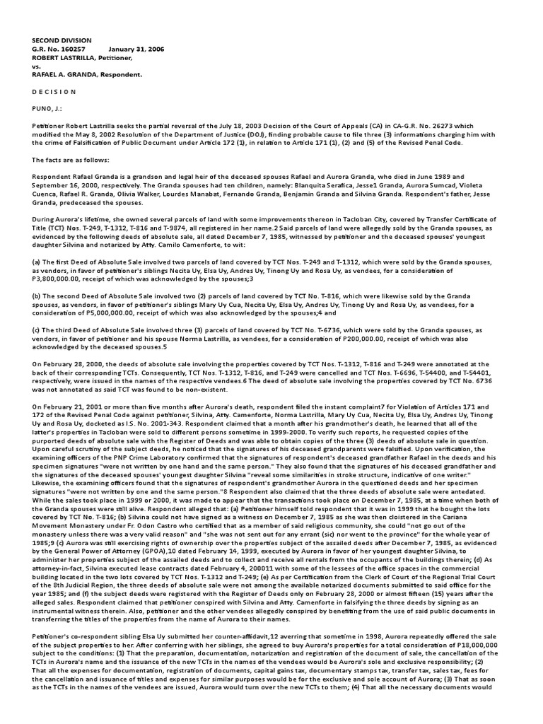 Second Division G.R. No. 160257 January 31, 2006 ROBERT LASTRILLA, Petitioner, vs. RAFAEL A ...