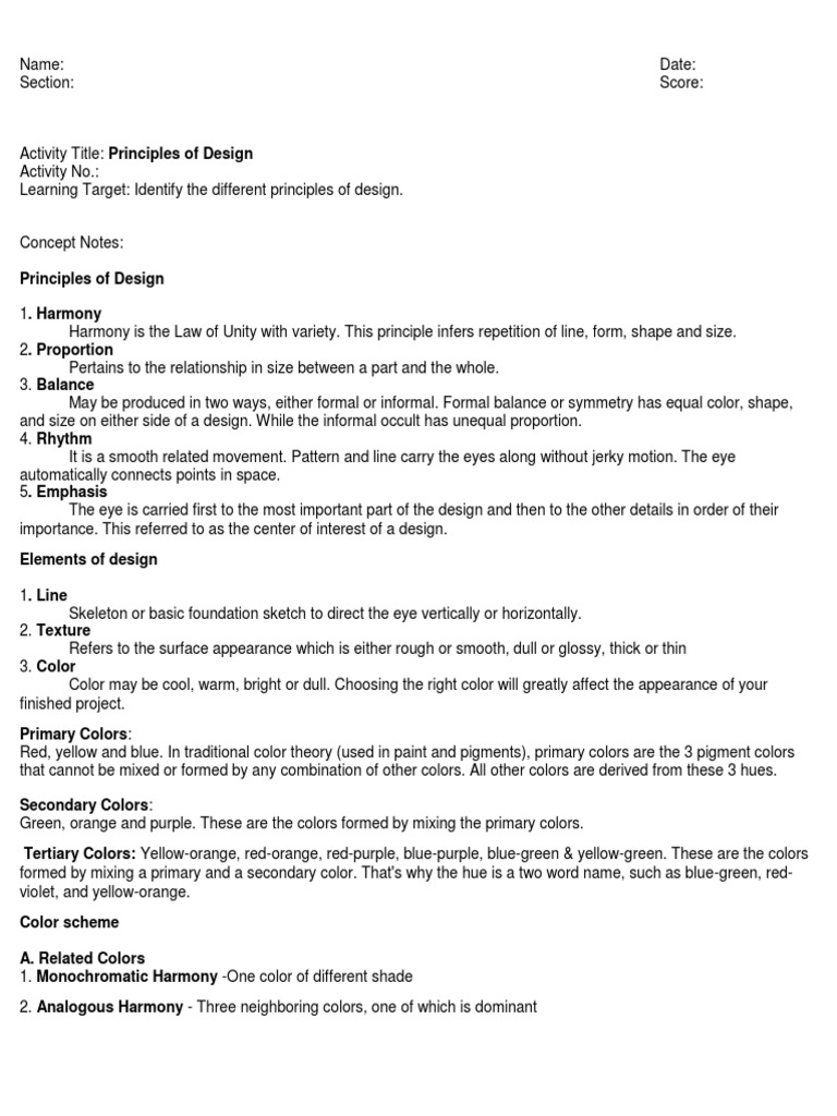 Grade 8 Principles of Design Overview | PDF | Color | Light