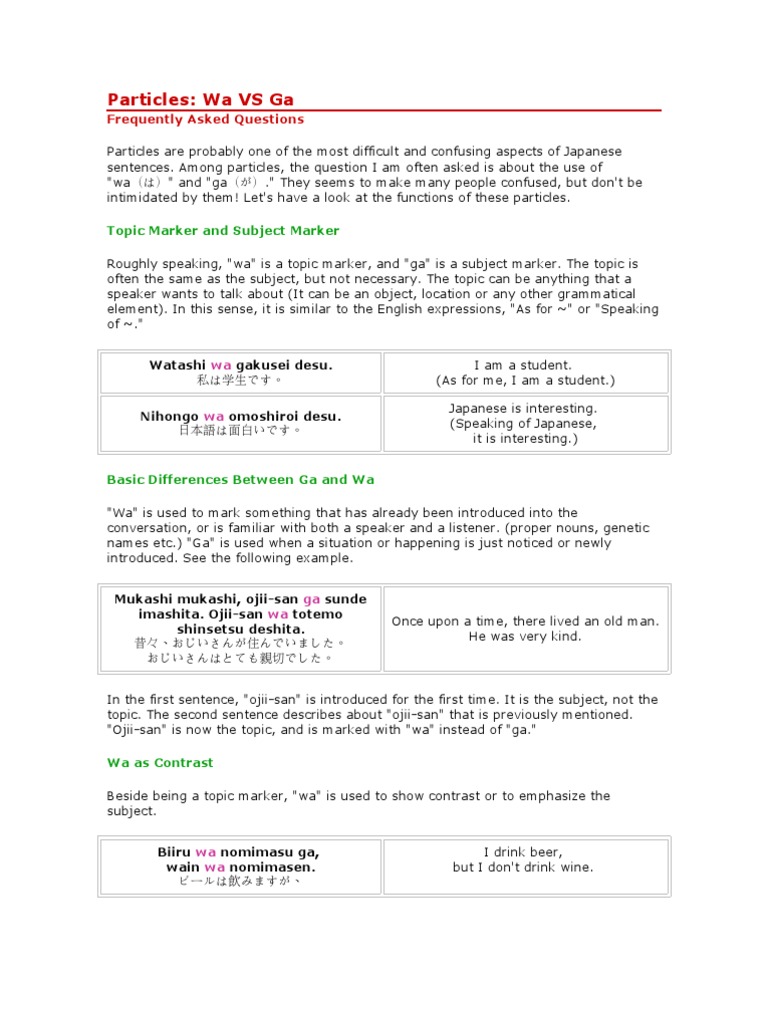 Particles: Wa VS Ga: Frequently Asked Questions | PDF | Japanese ...