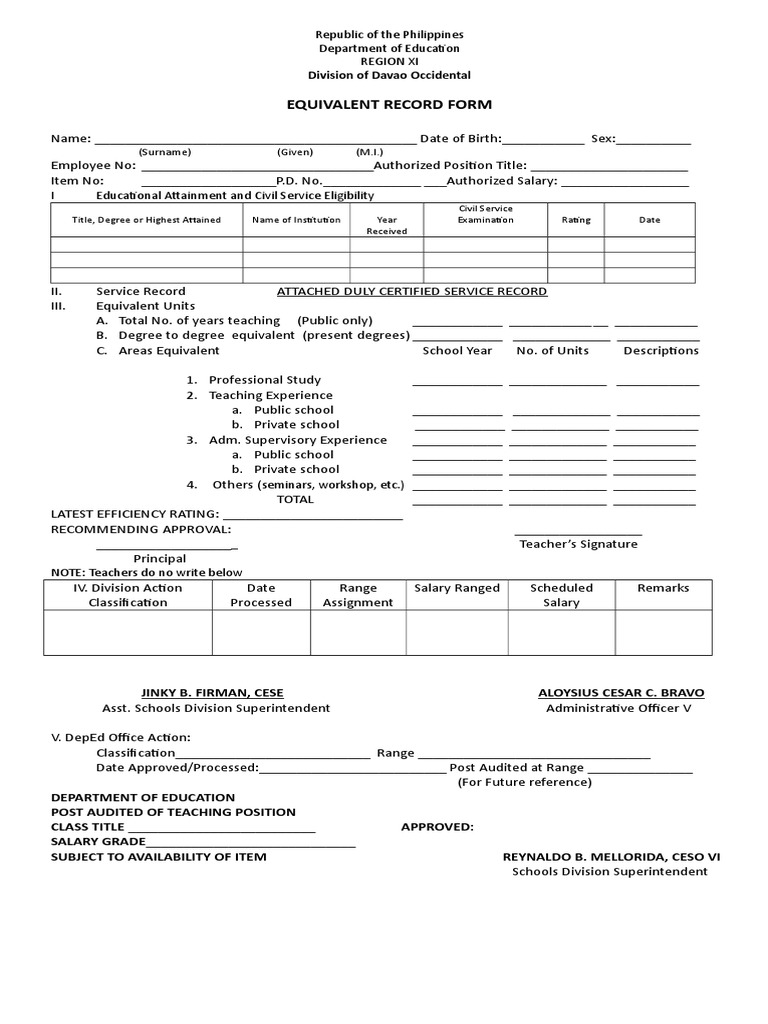 Equivalent Record Form: (Surname) (Given) (M.I.) | Download Free PDF ...
