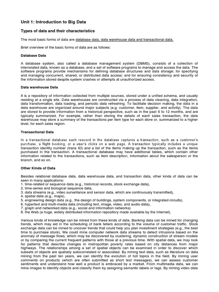 Unit 1: Introduction To Big Data: Types of Data and Their ...
