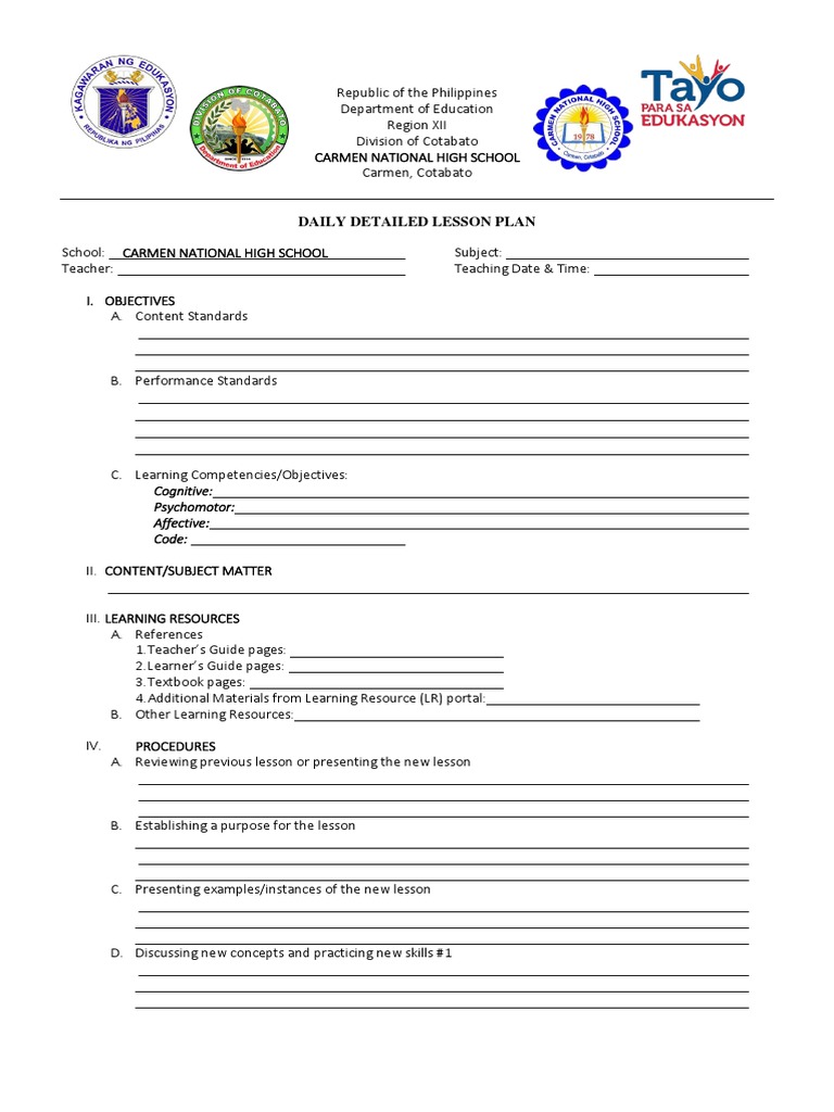 Daily Detailed Lesson Plan: Cognitive: Psychomotor: Affective: Code ...
