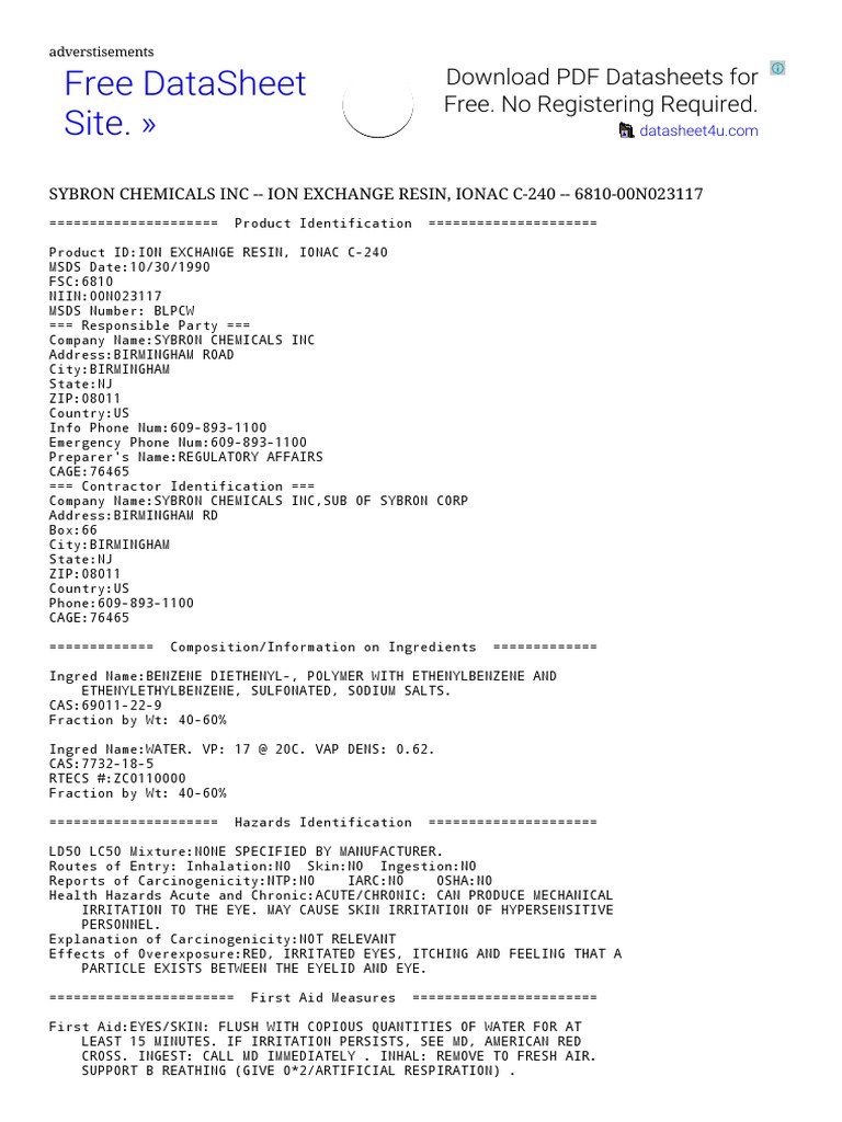 Ion Exchange Resin, Ionac C-240 by Sybron Chemicals Inc | PDF ...