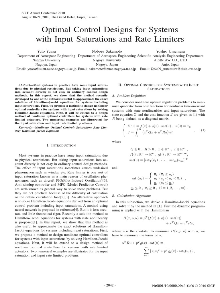 Optimal Control Designs For Systems With Input Saturations and Rate Limiters | PDF | Control ...