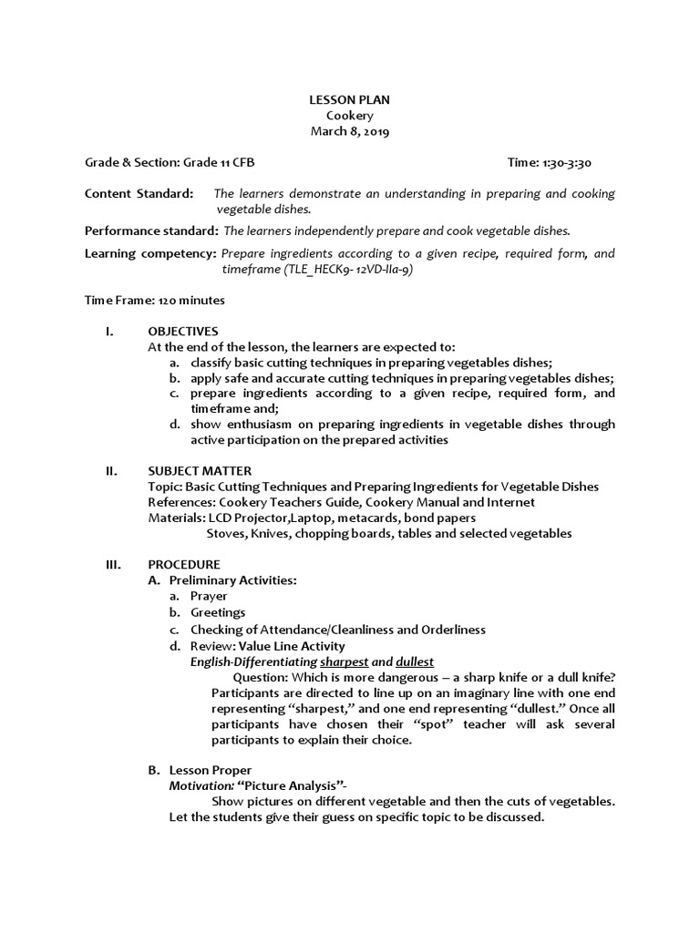 Lesson Plan in Cookery | PDF | Lesson Plan | Cooking