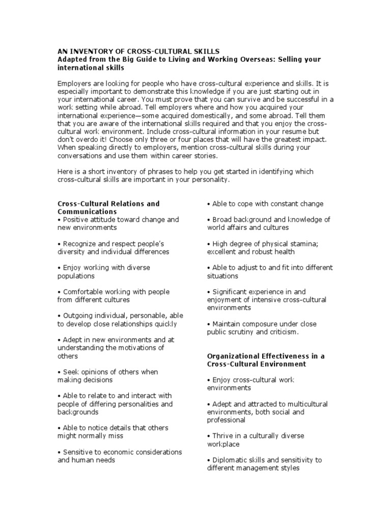 An Inventory of Cross-Cultural Skills | PDF | Cross Cultural ...