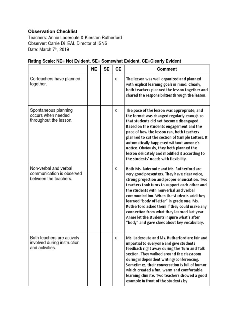 Observation Checklist For Annie and Kiersten | PDF | Nonverbal ...