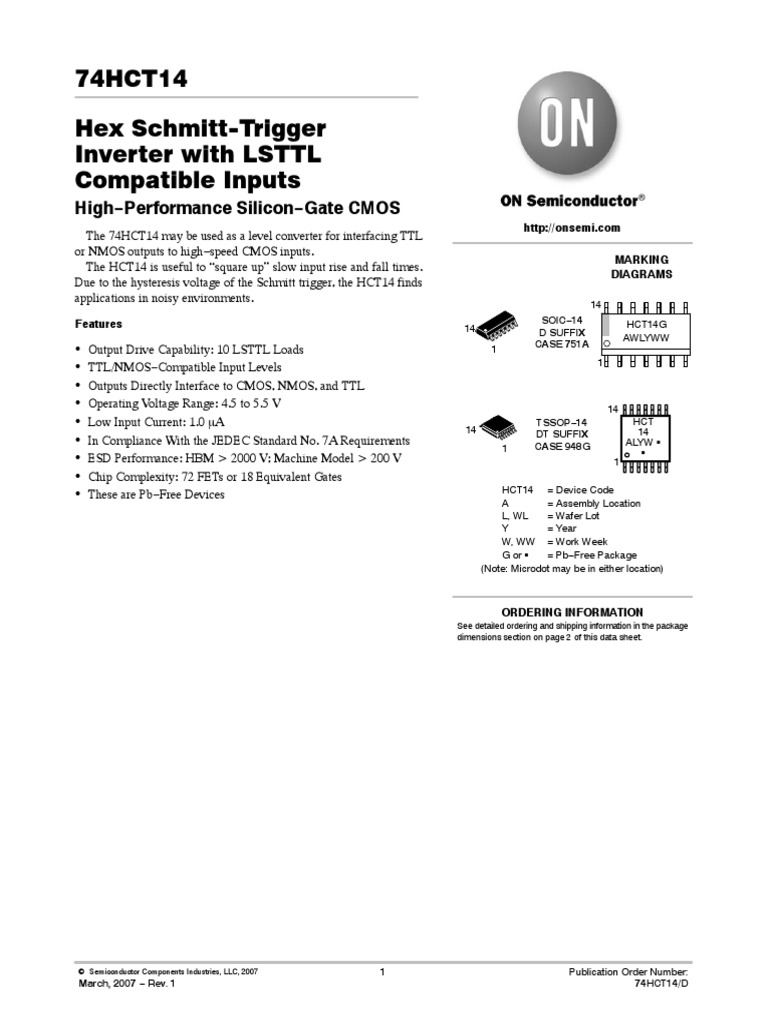 74HCT14 Hex Schmitt Trigger Inverter With LSTTL Compatible Inputs | PDF | Cmos | Mosfet