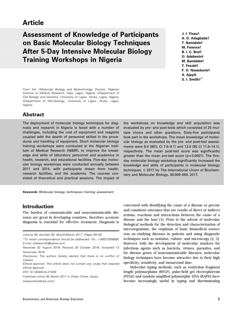 Assessment of Knowledge of Participants On Basic Molecular Biology Techniques After 5 Day ...