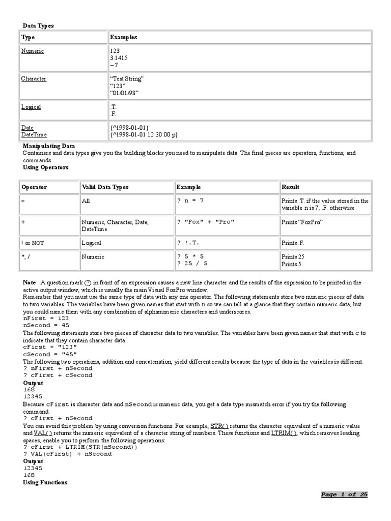 Visual FoxPro Data Types & Operators Guide | PDF | Parameter (Computer Programming) | Class ...