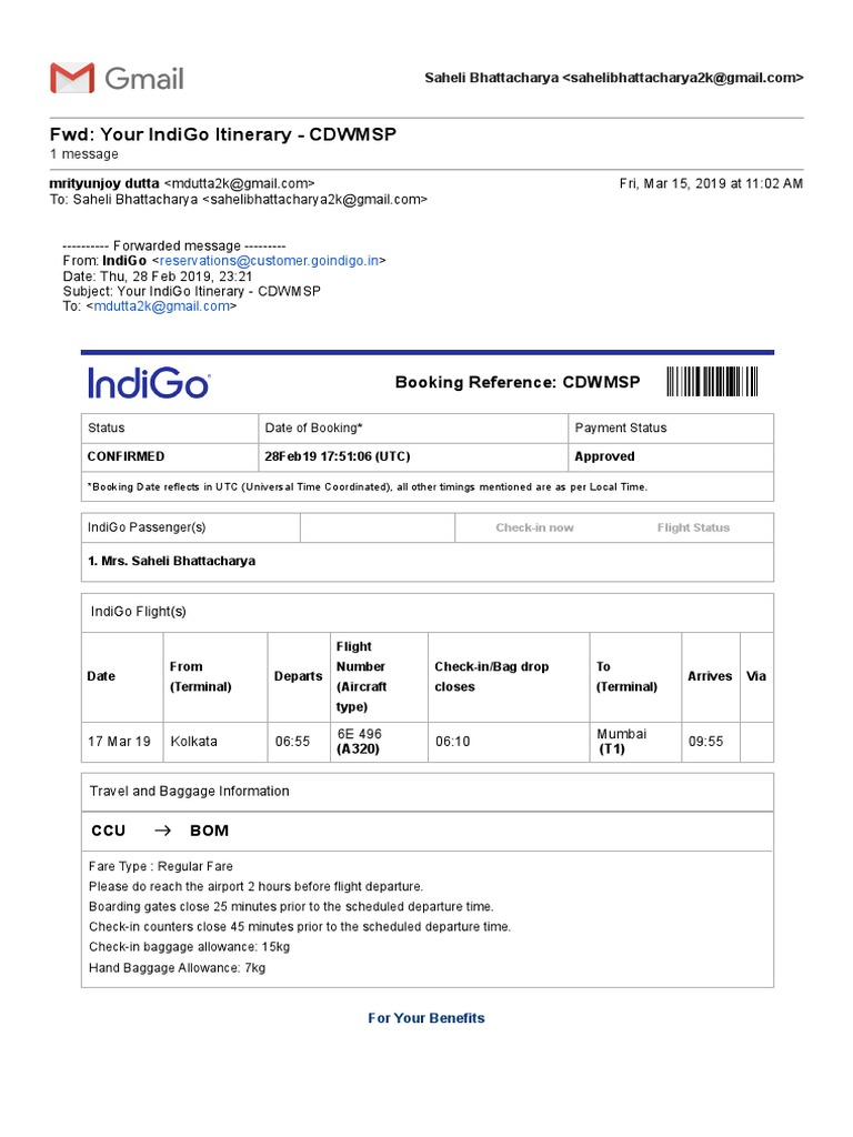 IndiGo Itinerary - CDWMSP PDF | PDF | Baggage | Aviation