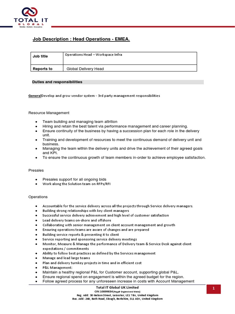 Job Description: Head Operations - EMEA | PDF | Business | Economies