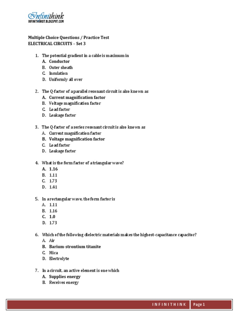 Multiple Choice Questions / Practice Test Electrical Circuits - Set 3 ...