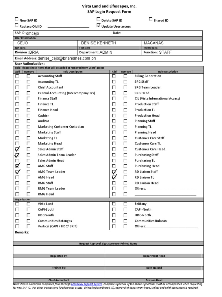 Sap Log in Request Form | PDF | Service Industries | Cyberspace