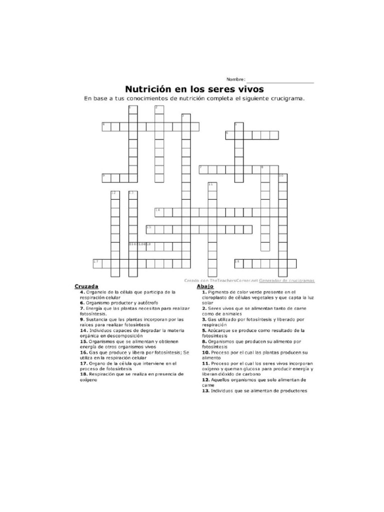 Crucigrama Nutricion en Seres Vivos | PDF Crucigrama Nutricion en Seres Vivos | PDF