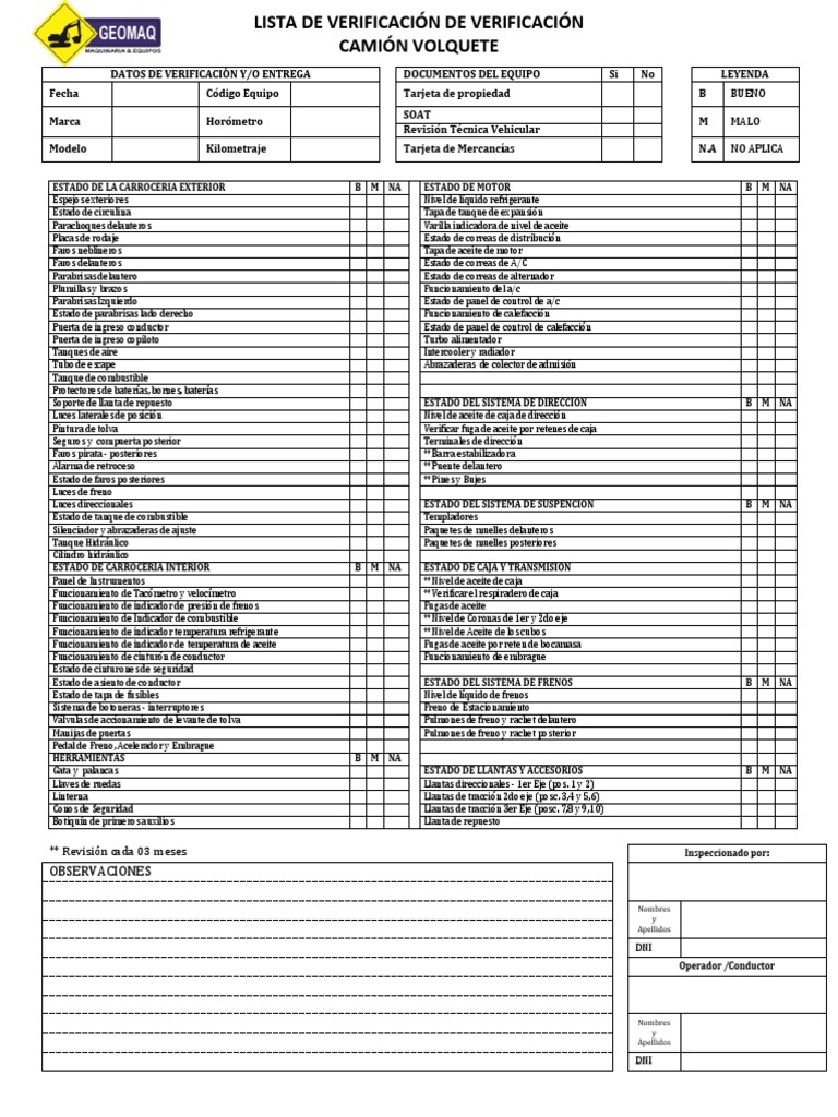 Check List - Camión Volquete | PDF | Camión | Eje