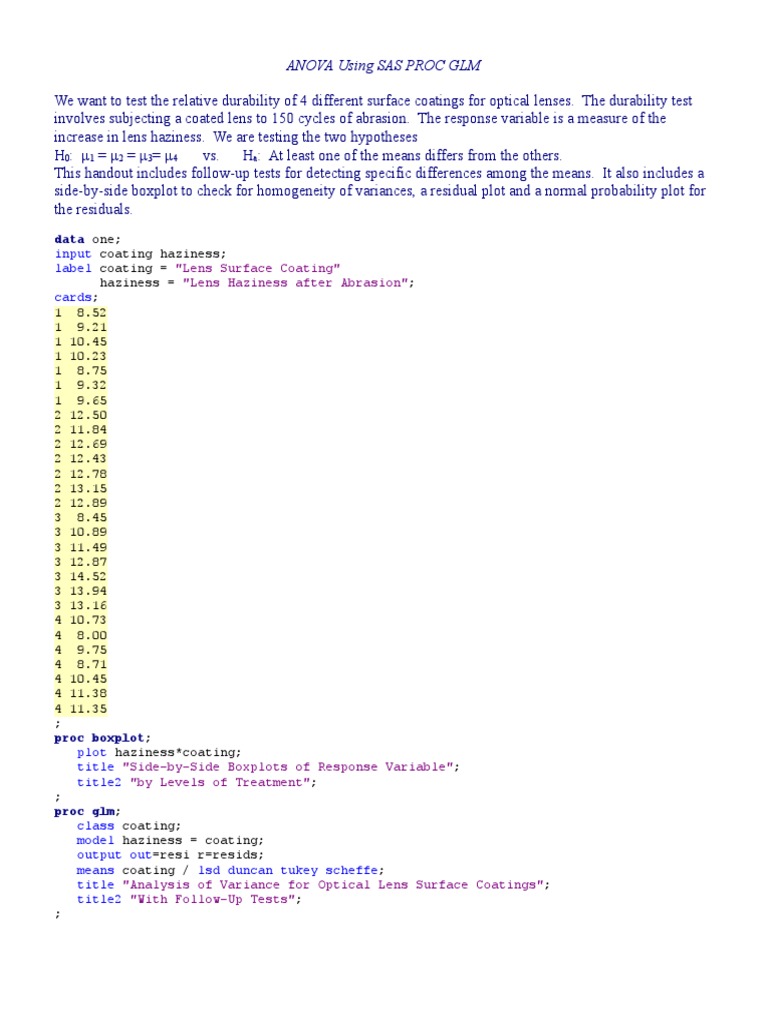 Anova Using Sas Proc GLM: "Lens Surface Coating" "Lens Haziness After ...