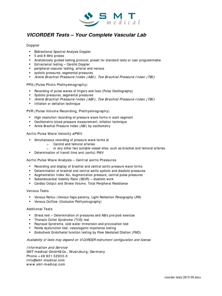 VICORDER Tests - Your Complete Vascular Lab | PDF