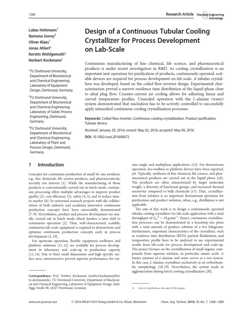 Design of A Continuous Tubular Cooling Crystallizer For Process ...