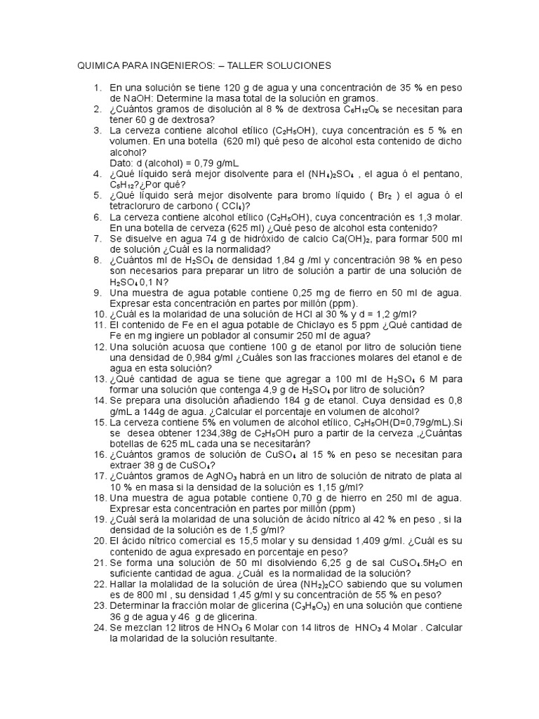 Taller Soluciones | PDF | Ácido clorhídrico | Concentración