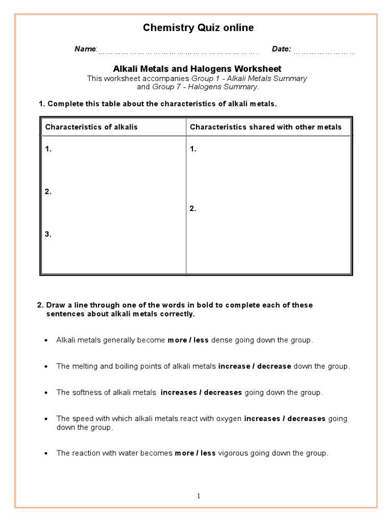 Chemistry Quiz Online: Alkali Metals and Halogens Worksheet | PDF ...
