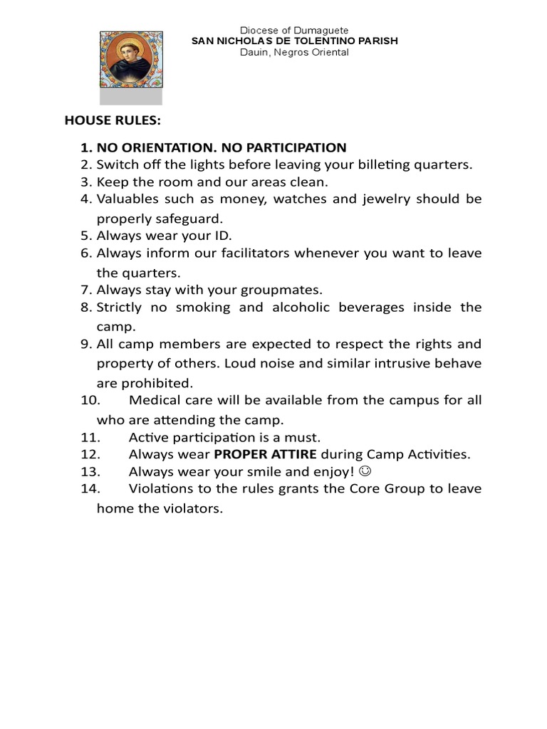 House Rules (Sample For Youth Camp) | PDF