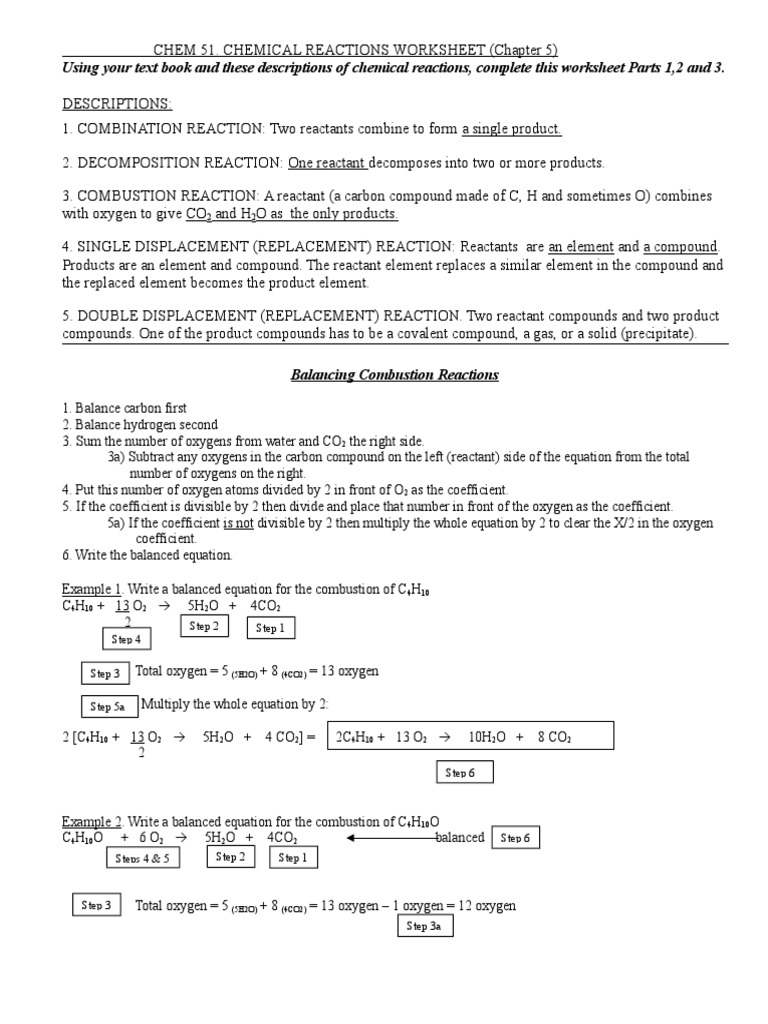 Using Your Text Book and These Descriptions of Chemical Reactions ...