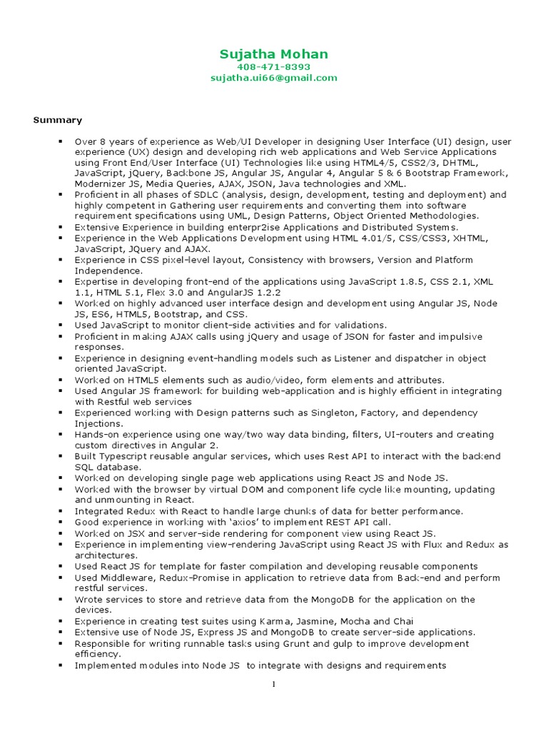 Sujatha Mohan - Core Java Script Developer (Angular & React) | PDF ...