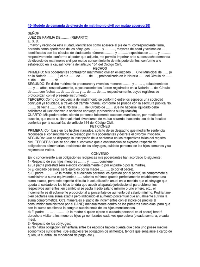 45 - Modelo de Demanda de Divorcio de Matrimonio Civil Por Mutuo Acuerdo | PDF | Divorcio ...