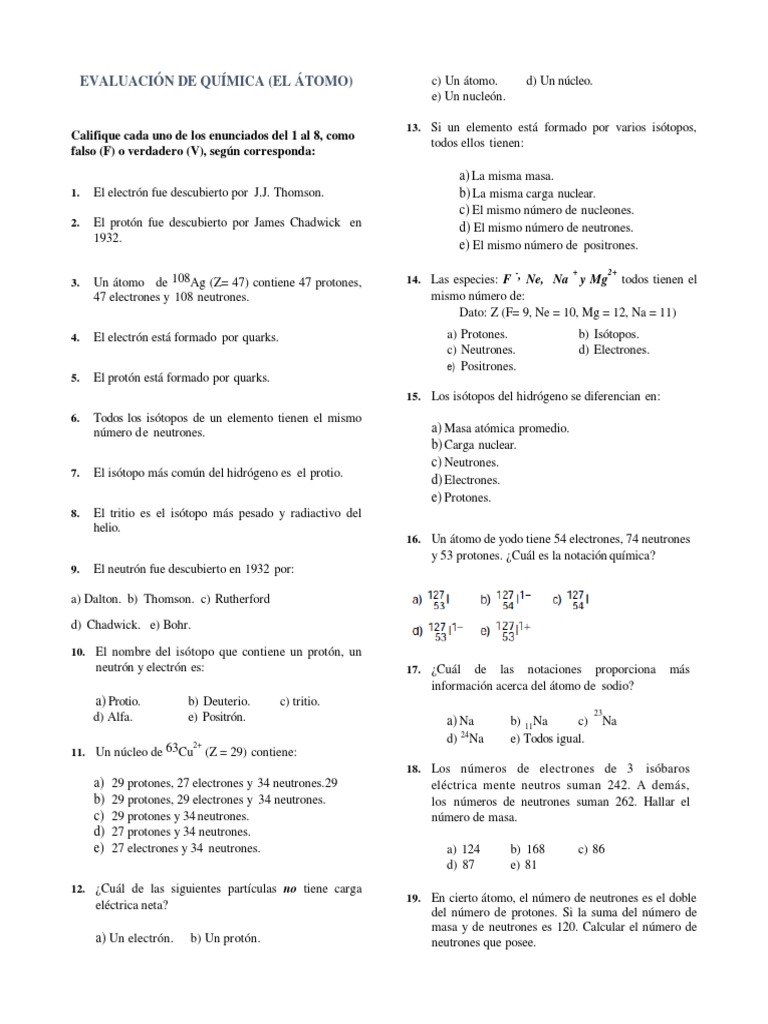 Evaluación de Química El Atomo | PDF | Isótopo | Neutrón