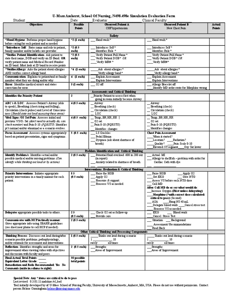 U-Mass Amherst, School of Nursing, N498.498e Simulation Evaluation Form ...
