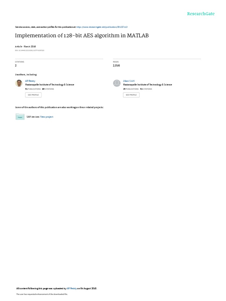 Implementation of 128-Bit AES Algorithm in MATLAB | Download Free PDF ...