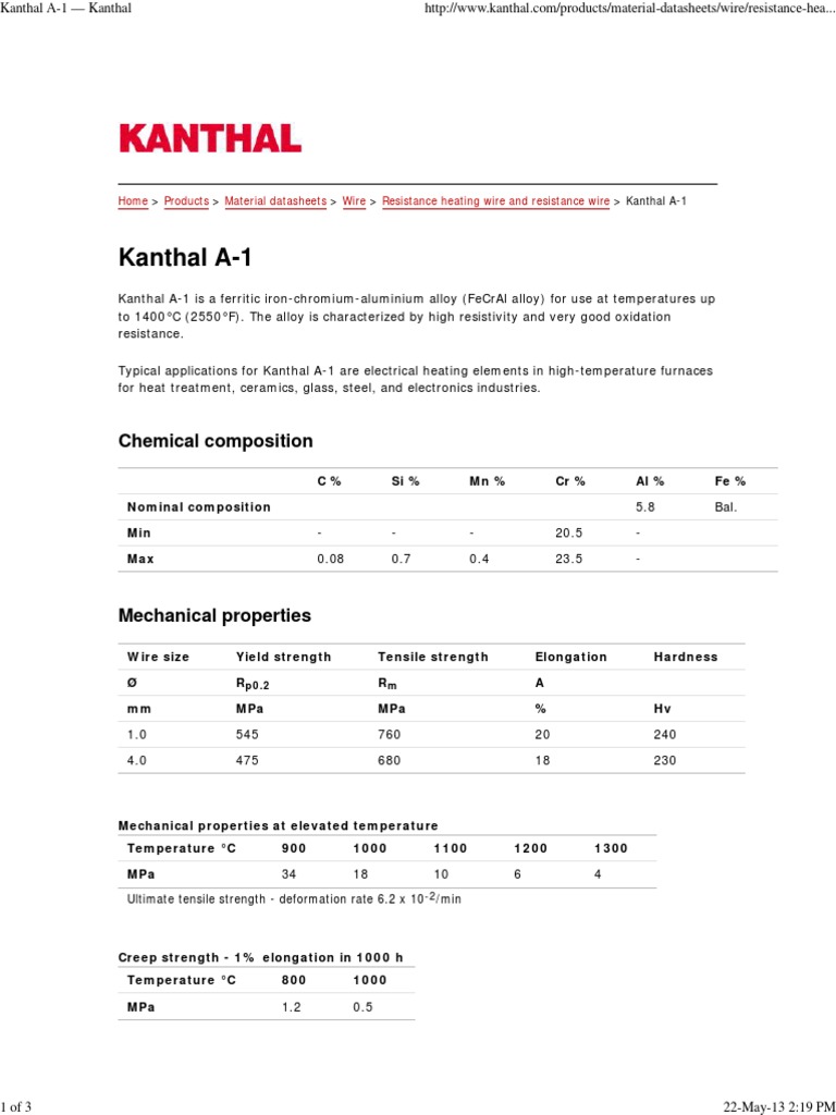 Kanthal A-1: Chemical Composition | PDF | Ultimate Tensile Strength ...