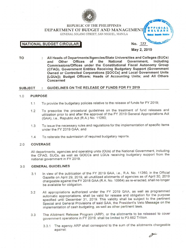 National Budget Circular No 577 | Appropriations Bill (United States ...