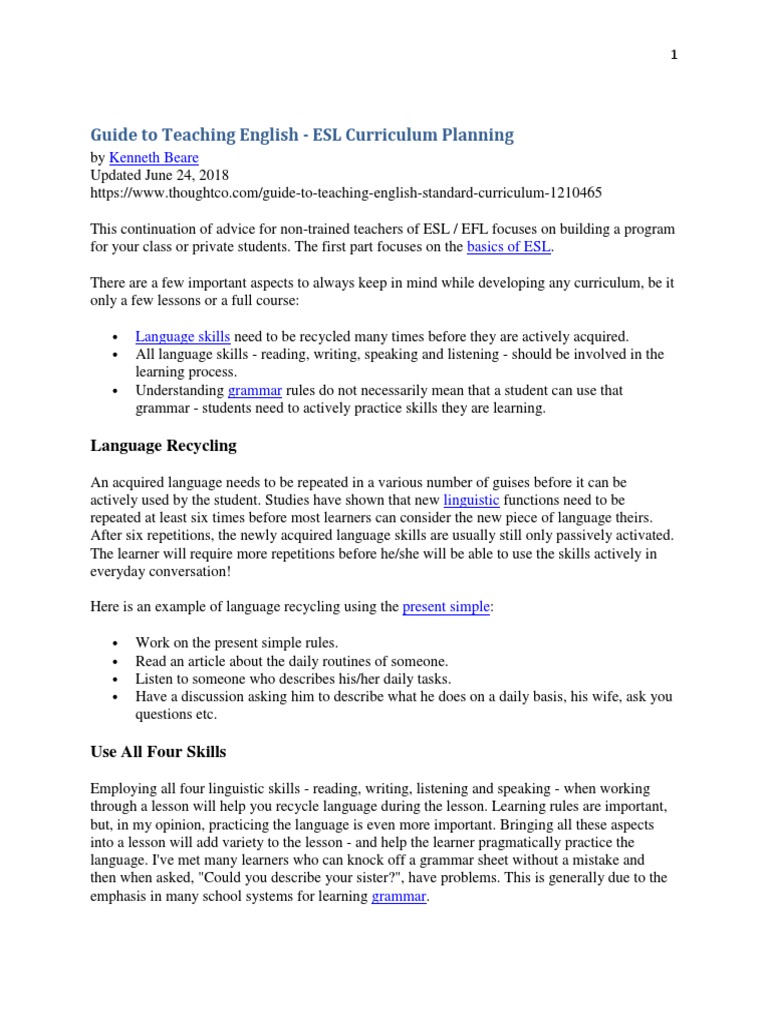 Guide To Teaching English - ESL Curriculum Planning: Kenneth Beare ...
