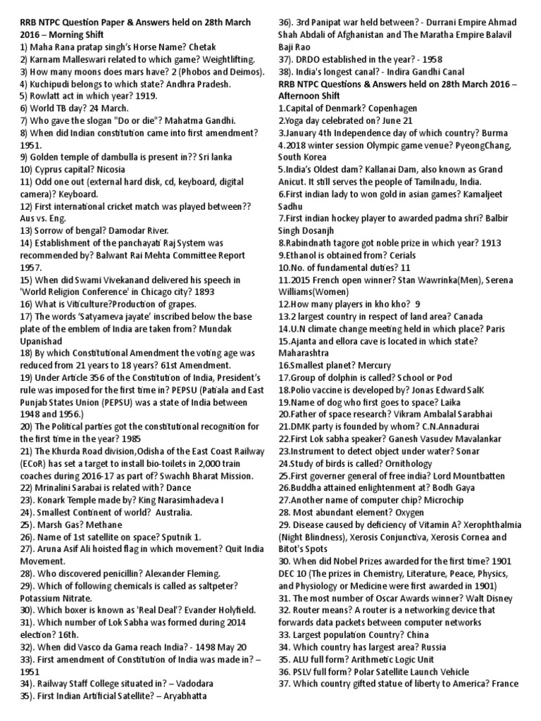 RRB NTPC Question Paper & Answers Held On 28th March 2016 - Morning ...