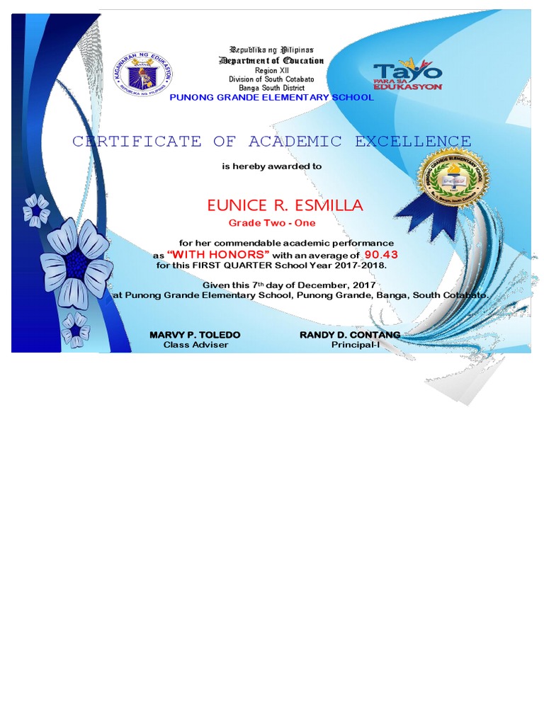 Certificate of Academic Excellence 1st 2nd Quarter | PDF