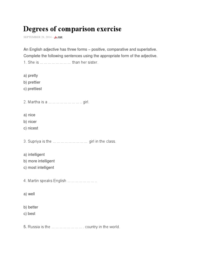 Degrees of Comparison Exercises | PDF | Syntax | Semantics