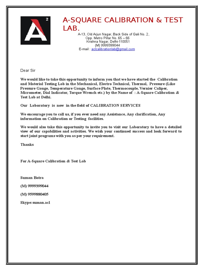 A-Square Calibration & Test Lab.: Dear Sir | PDF