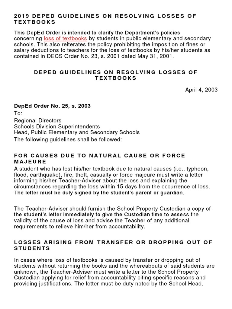 2019 Deped Guidelines On Resolving Losses of Textbooks | PDF | Textbook ...