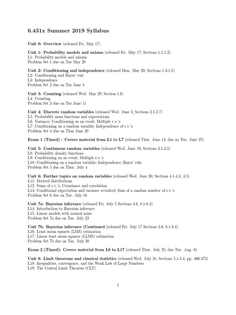Mit Syllabus | PDF | Random Variable | Variance