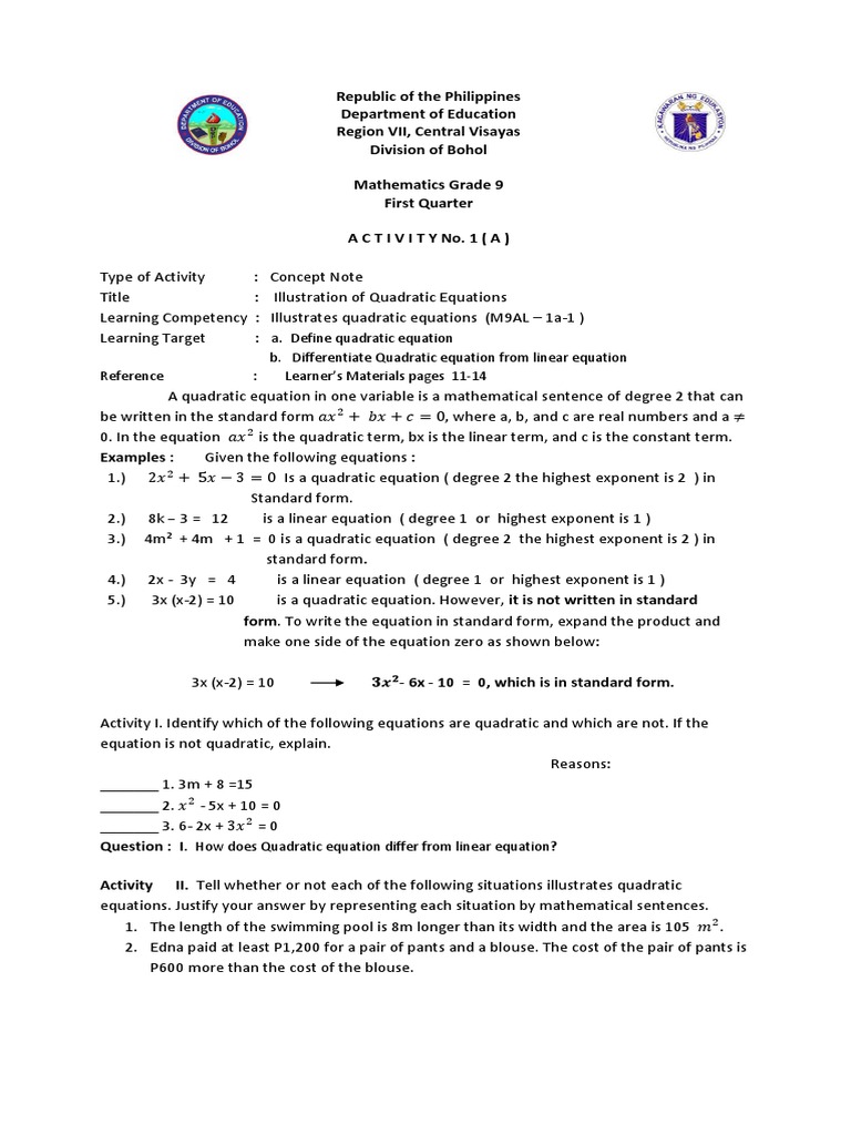 DLP Math 9 Edited 1st Quarter | PDF | Quadratic Equation | Equations