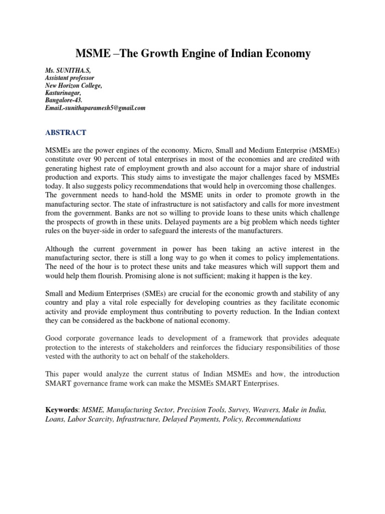 Msme The Growth Engine Of Indian Economy Pdf Corporate Governance