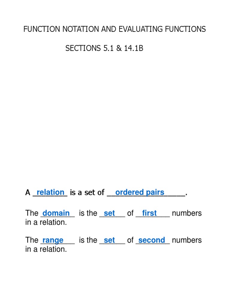Function Notation and Evaluating Functions SECTIONS 5.1 & 14.1B | PDF | Function (Mathematics ...