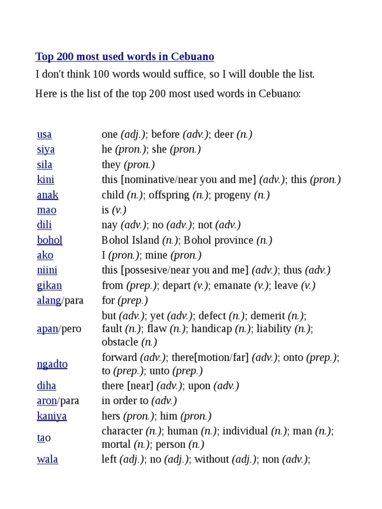 Top 200 Most Used Words in Cebuano | PDF
