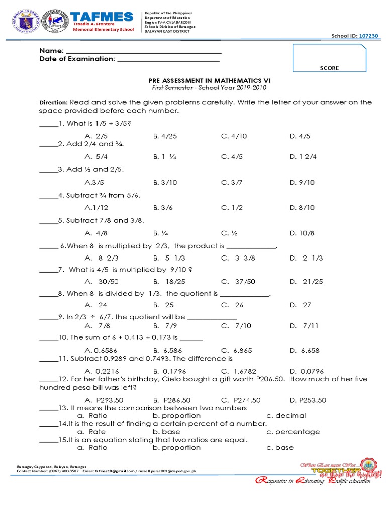 Pre Test - Mathematics 6 | PDF | Triangle | Ratio