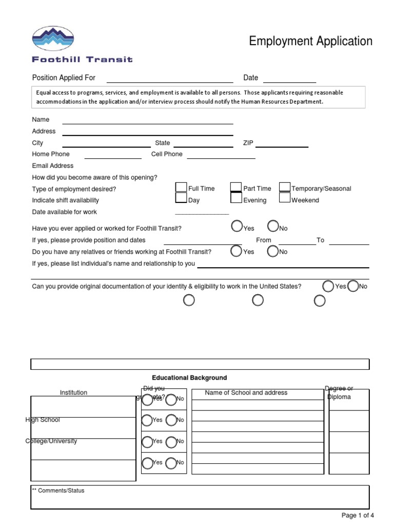 Foothill Transit Employment-Application - Jan2018 | PDF | Reasonable ...