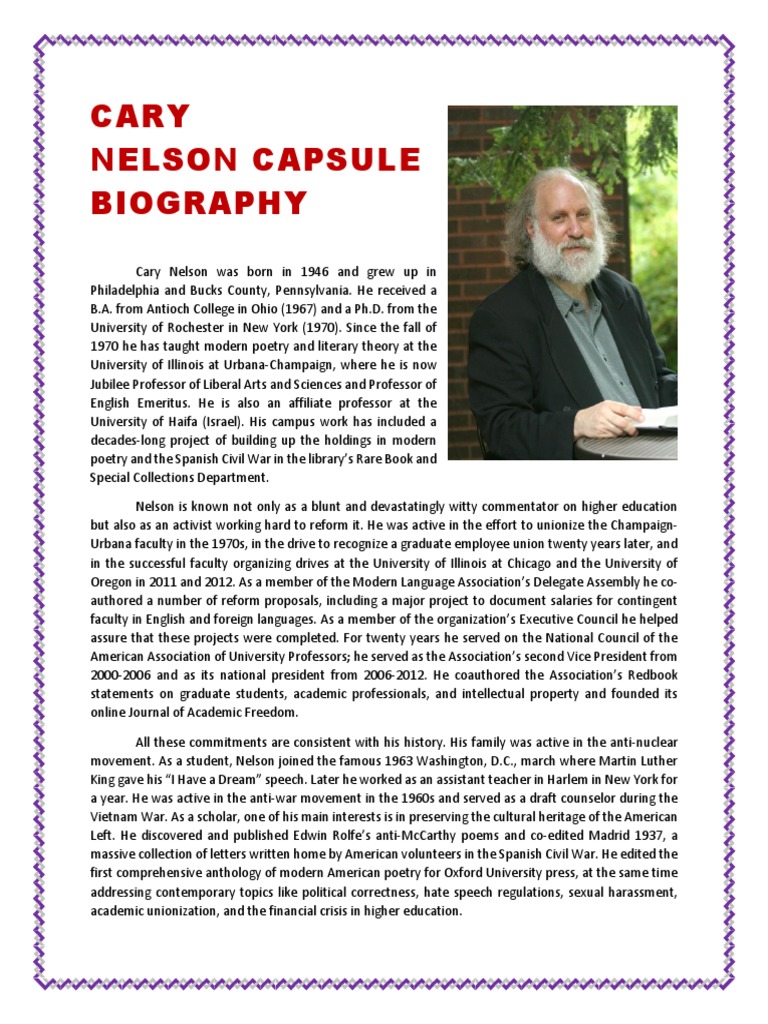 CARY NELSON Capsule Biography | Boycotts Of Israel | American Poetry